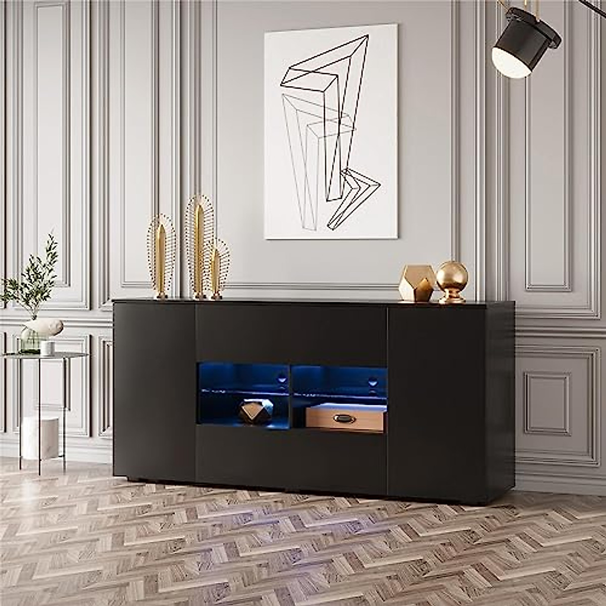 CEMKAR Modern Style Double-Door Side Cabinet with Adjustable Shelving and Full-Extension Drawers - Perfect for Living Room and Bedroom (Black)