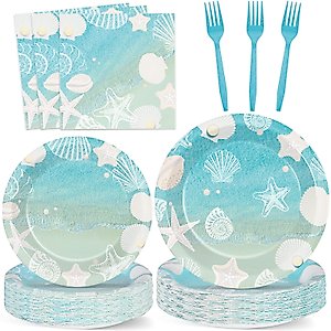 Naozinebi Seashell Beach Party Plates Napkin Fork Nautical Coastal Birthday Party Tableware Set Ocean Starfish Dinnerware Supply for Summer Holiday baby shower Wedding Bridal Decoration favor Serve 24
