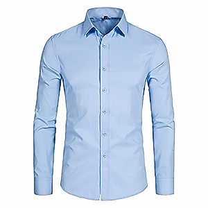 DELCARINO Men's Long Sleeve Button Up Shirts Solid Slim Fit Casual Business Formal Dress Shirt Light Blue Medium