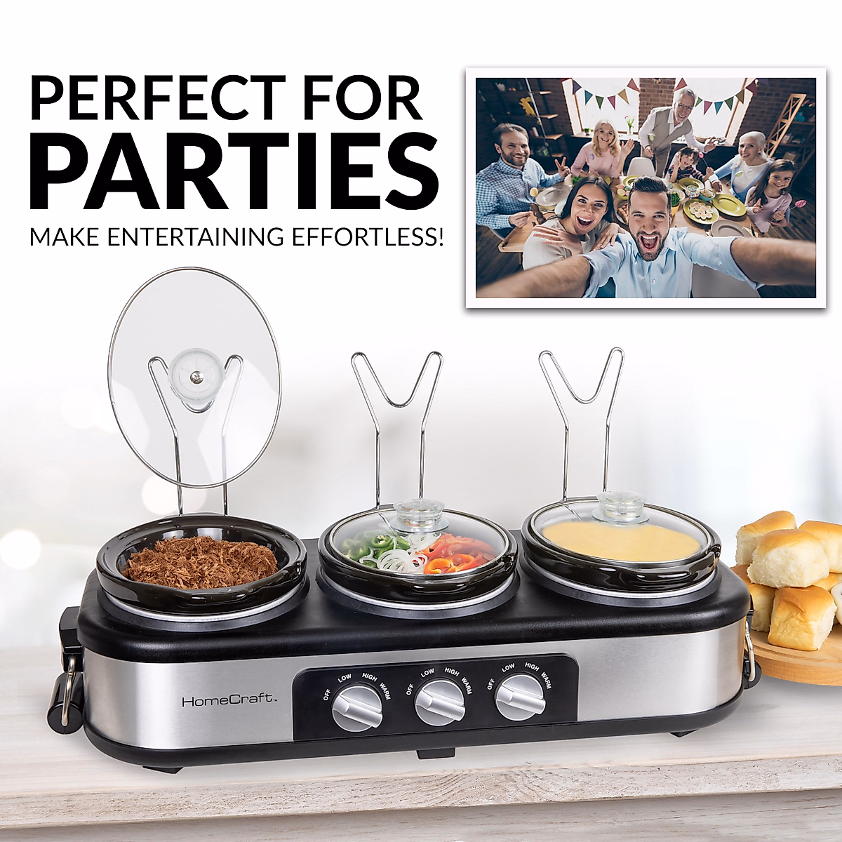 HomeCraft HCTSC15SS Stainless Steel 3-Station 1.5-Quart Oval Slow Cooker Buffet, with Lid & Spoon Rest, Adjustable Heat Control, Perfect for Parties, Holidays, Families