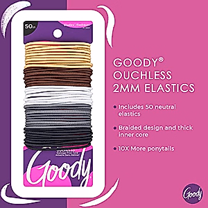 GOODY Ouchless Elastic Hair Tie - 50 Count, Neutral Colors - 2MM for Fine to Medium Hair - Pain-Free Hair Accessories for Men, Women, Boys, and Girls - for Long Lasting Braids, Ponytails
