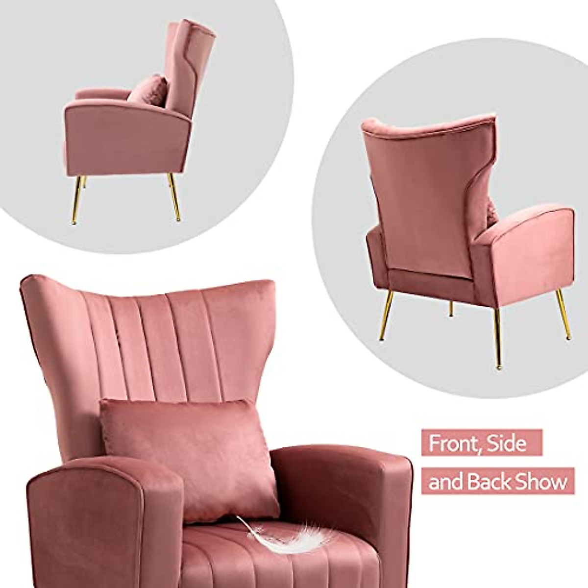 WQSLHX Living Room Chairs Set of 2 with Lumbar Pillow, Velvet Accent Chair with High Back Mid Century Armchair for Bedroom with Armrest, Arm Chair with Golden Metal Legs, Pink
