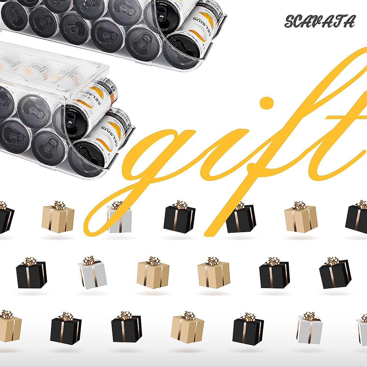 SCAVATA 2 Pack Skinny Can Organizer for Refrigerator, Stackable Tall Skinny Soda Pop Can Holder Dispenser with Lid for Fridge Pantry Rack Freezer, Clear Plastic Storage Bins-Holds 12 Slim Cans Each