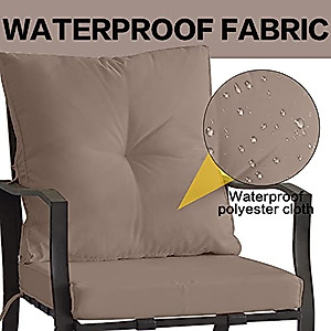 Outdoor Rocking Chair 3 Piece Rocking Bistro Set,Patio Steel Conversation with Glass Coffee Table and Cushions,Patio Outdoor Furniture Porch Chairs for Garden,Balcony, Pool, Backyard (Khaki)