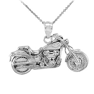 925 Sterling Silver High Polish Biker Charm Motorcycle Pendant Necklace, 18"