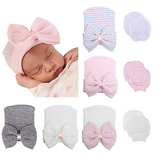 BQUBO Newborn Baby Caps Mittens for Baby Girls Set Hospital Hat Beanie Infant Hats with Bow Baby Scratch Mitten Gloves