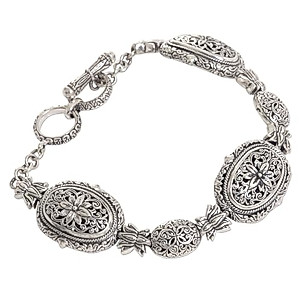 NOVICA Artisan Handmade Sterling Silver Link Bracelet with Floral Motif Indonesia [1.4 in L x 0.6 in W x 0.2 in D] ' Lotus Chain'