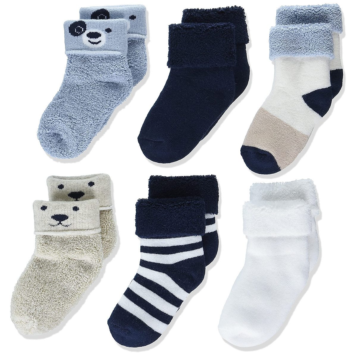 Amazon Essentials Unisex Babies' Cozy Cotton Turn Cuff Socks, 6 Pairs, Blue/Navy/Stripe, 0-6 Months