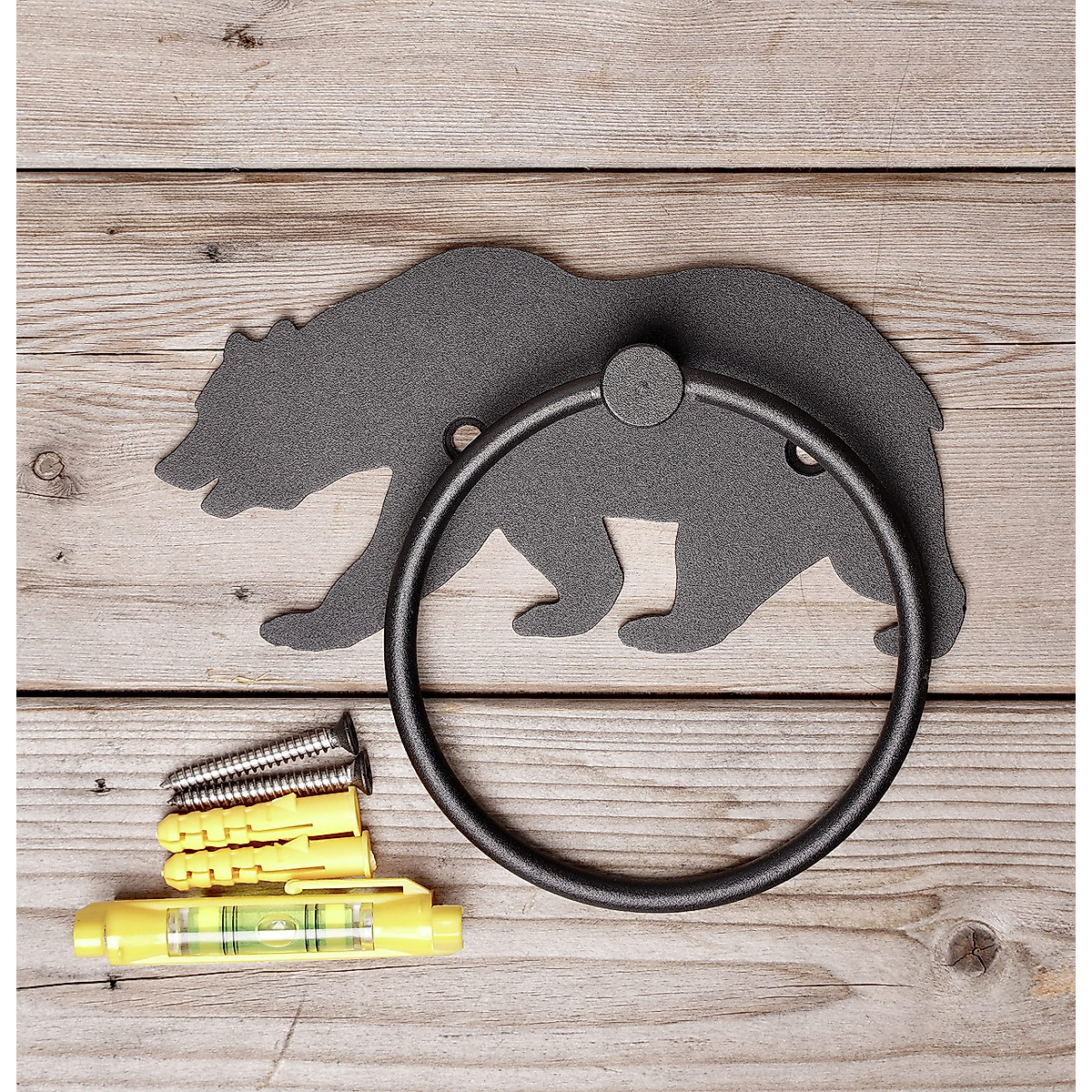 Towel Ring Holder, Rustic Bear Black Metal Country Farmhouse Décor, Wall Mounted, Hand Towel Holder for Bathroom