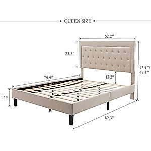 Benevika Queen Size Upholstered Platform Bed Frame with Linen Fabric Button Tufted Headboard, Wood Slat Support, Upholstered Mattress Foundation, No Box Spring Needed, Easy Assembly, Beige