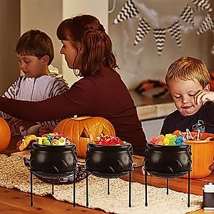 Rocinha Halloween Party Decoration, 3 Pcs Witches Cauldron Serving Bowls on Iron Stand, Black Plastic Hocus Pocus Candy Bucket for Halloween Party Indoor Outdoor Home Kitchen Decorations