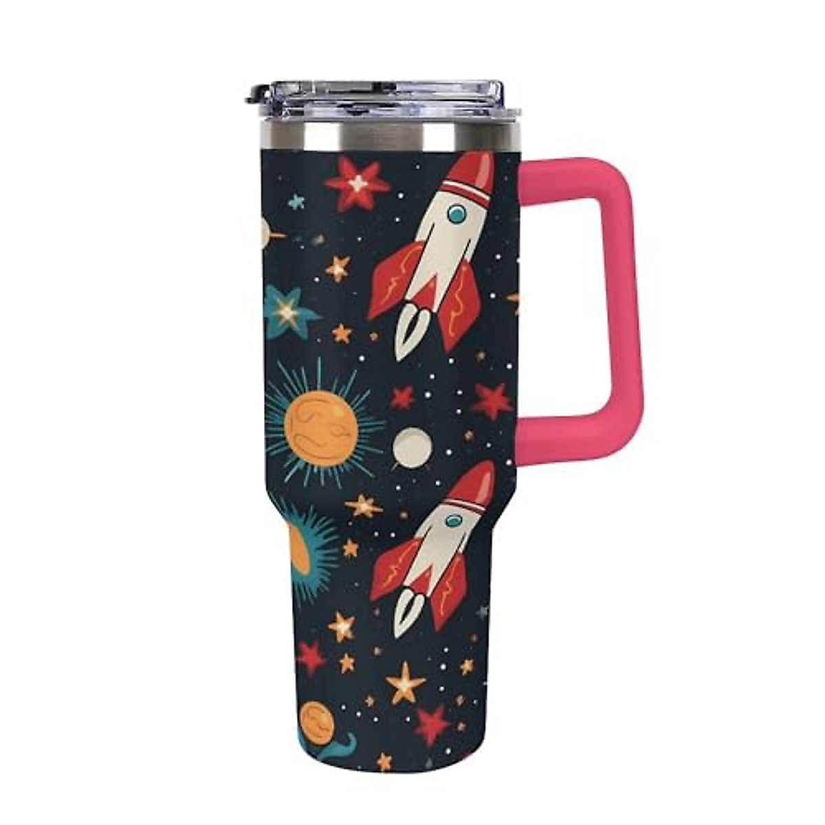 Cartoon Rockets 40 Oz Car Cup Stainless Steel Travel Mug Leak-Proof Insulated Tumbler with Handle Light Rose Red-style