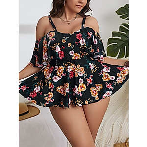 SOLY HUX Plus Size 2 Piece Tankini Floral Print Swimsuit Ruffle Trim Bikini Set Tummy Control Bottom Bathing Suit