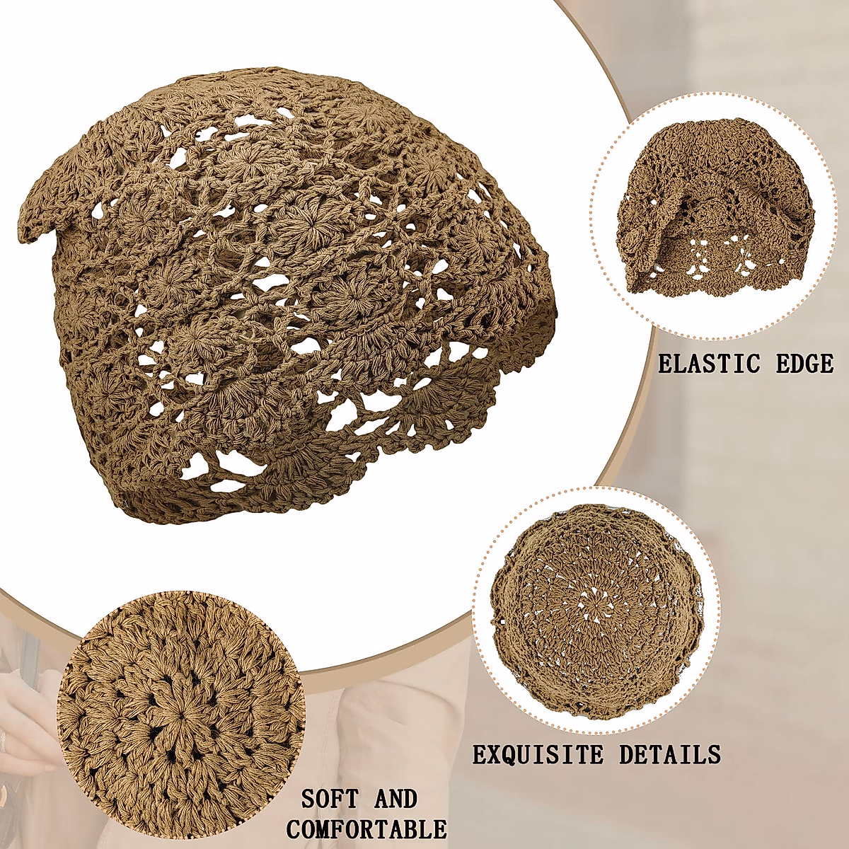 3 Pieces Crochet Slouchy Beanie Hat Handmade Knit Floral Summer Skull Cap Stretchy Lightweight Cotton Cutout Hats for Girls and Women, Khaki Black and White