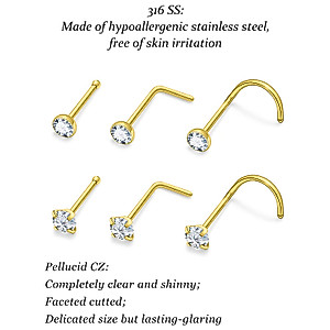 Vsnnsns 18G Nose Rings for Women 316L Surgical Stainless Steel L Shaped Nose Studs Screw Bone Nose Rings Piercings 18 Gauge Nostril Piercing Diamond CZ 1.5mm 2mm 2.5mm 3mm 3.5mm 4mm Gold