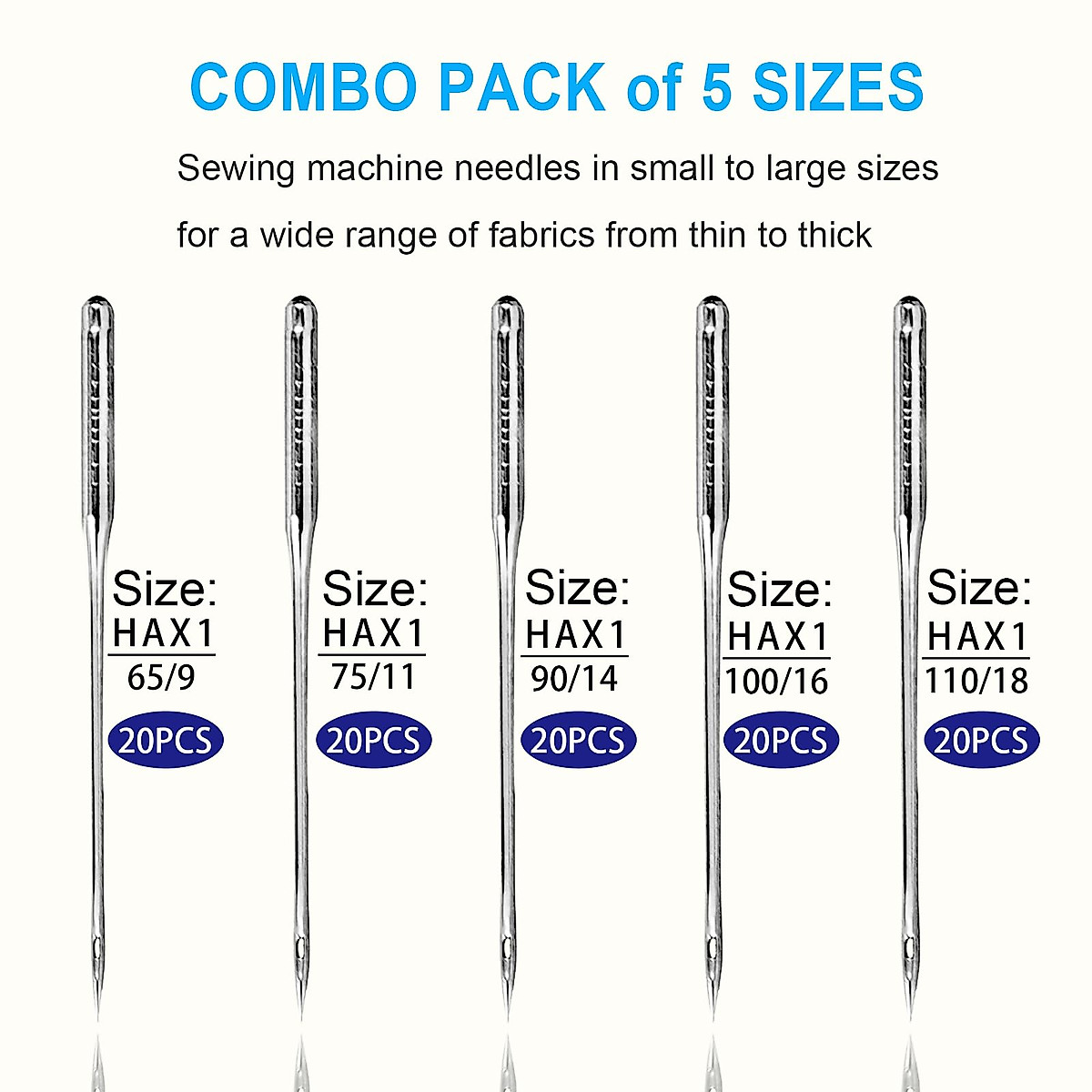 Sewing Machine Needles, 100 PCS Universal Sewing Machine Needle Set for Singer, Brother, Janome, Varmax, and Other Brands of Home Sewing Machines, Sizes 65/9, 75/11, 90/14, 100/16, 110/18