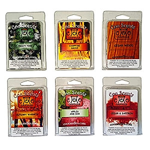 6 Pack Highly Scented Soy Blend Candle Wax Bar Melts - Woodsy Fall Outdoor Pack - Cedar Wood, Cedar & Saffron, Campfire Smoke, Apples & Oak, Frosty Pine, Autumn Warmth