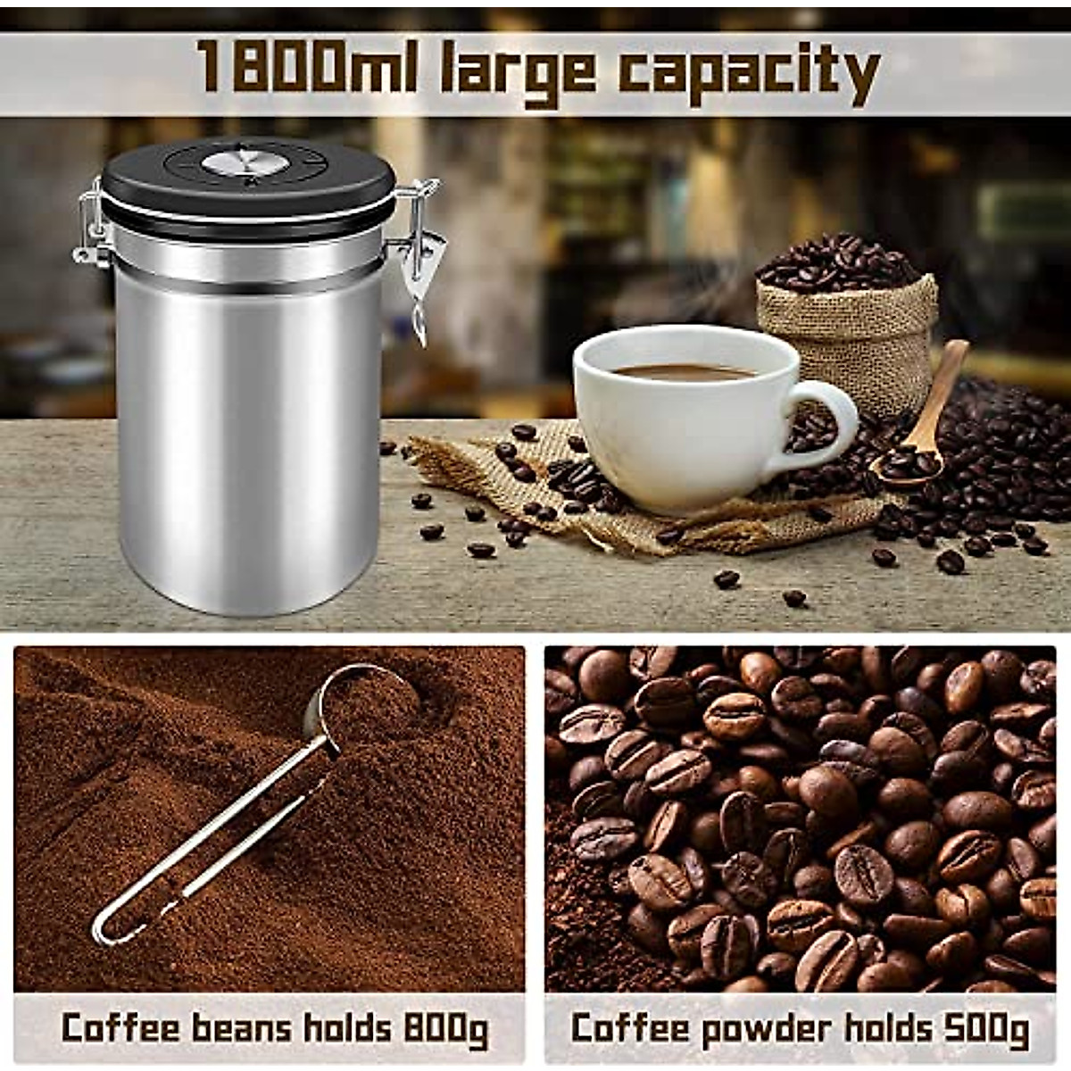 Samyoung Coffee Canister Airtight, Stainless Steel Container for 635g/22.8oz Coffee Beans,Large 1800 ml Tea & Coffee Storage Jars with co2 Valve, 30ml Measure Spoon and 70 ml Mini Travel Jar