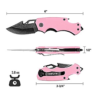 FLISSA Mini Folding Pocket Knife, 2.5-Inch Stainless Steel Drop Point Blade, EDC Pocket Knives for Women with Bottle Opener and Glass Breaker (Pink)