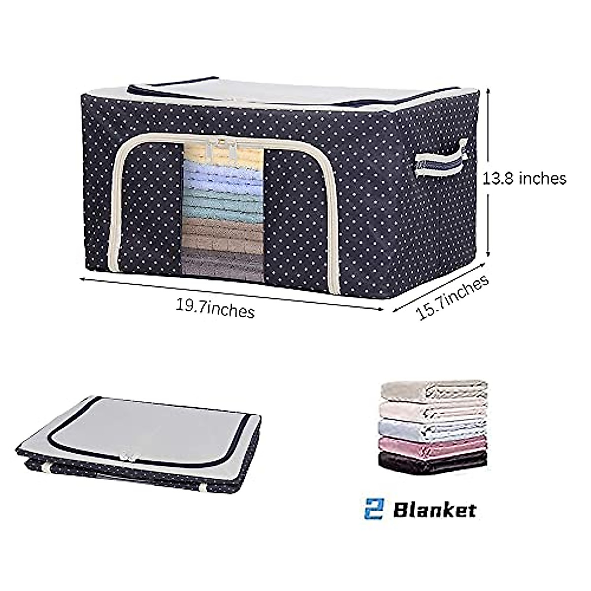 CEGAR Oxford Fabric Storage Box, Stackable Storage Bag Organizers, Double Zipper Folding Holder Container Organizer with Steel Frame for Clothes Bed Sheets Blanket (Blue-72L-2)