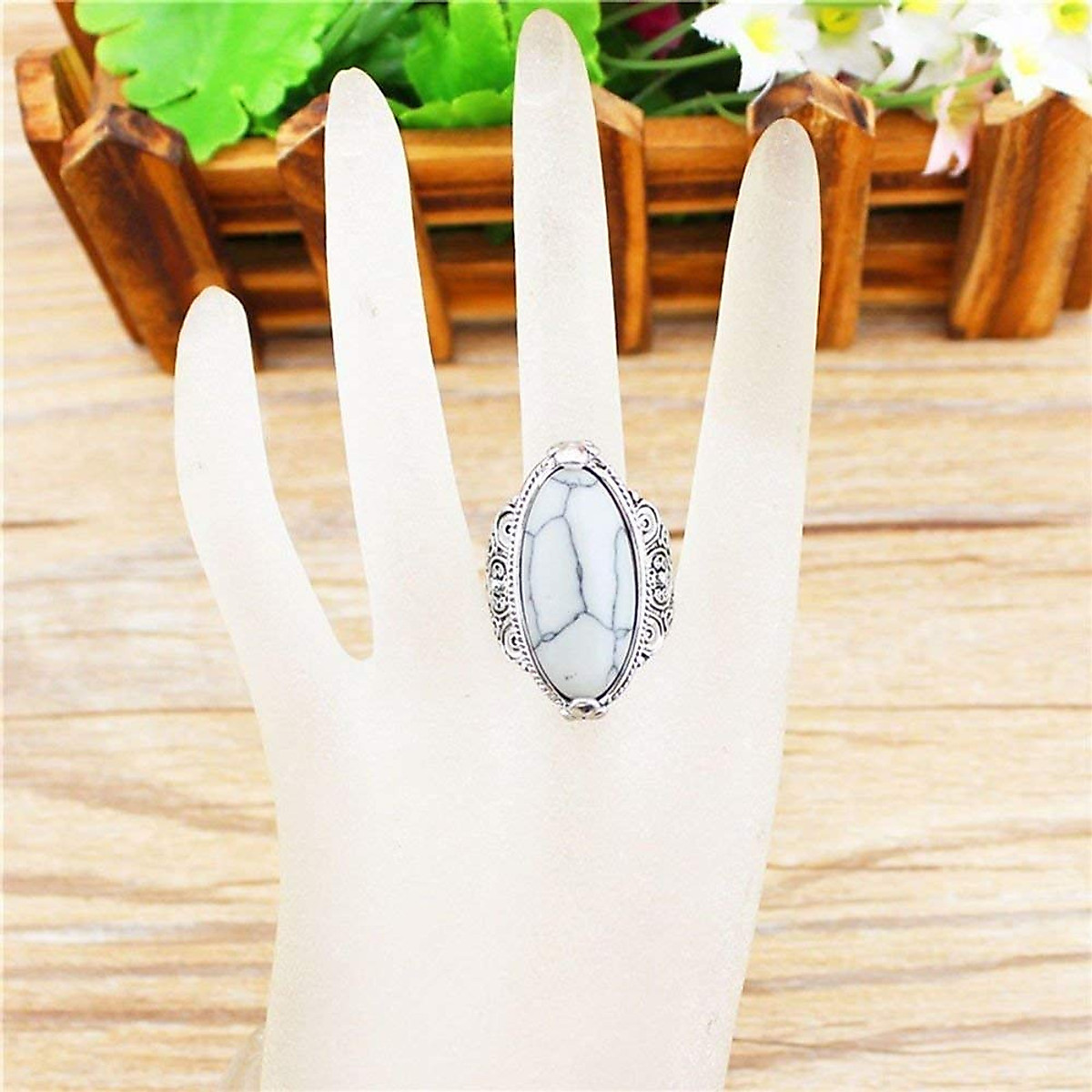 Wenbin New Retro Men's Women's 925 Sterling Silver Turquoise Gemstone Wedding Jewelry Turquoise Oval Cocktail Ring Size6-10 (US Code 6)