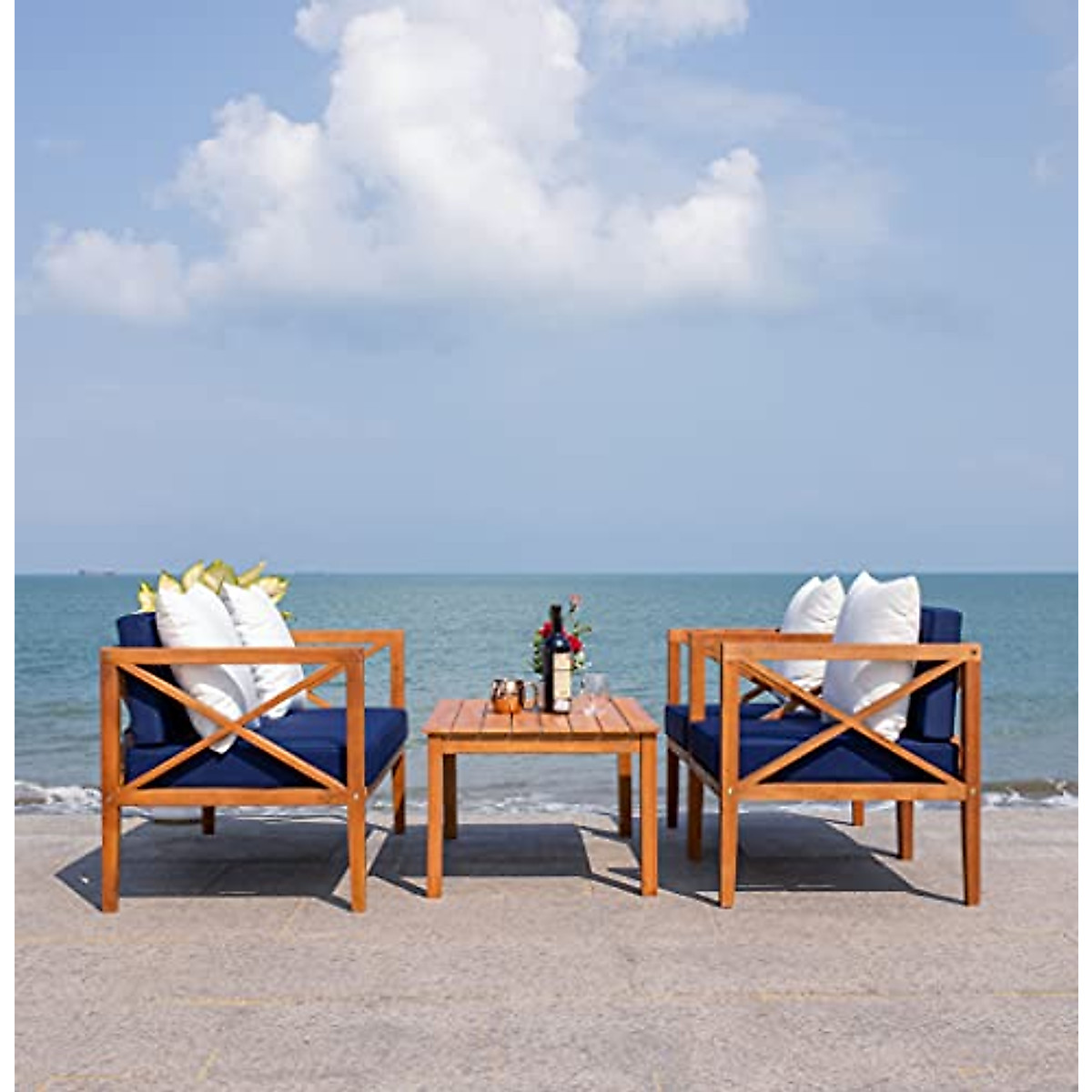 Safavieh PAT7031E Collection Nunzio Teak 4 Pc Accent Outdoor Set, Natural/Navy + Solid Pillow
