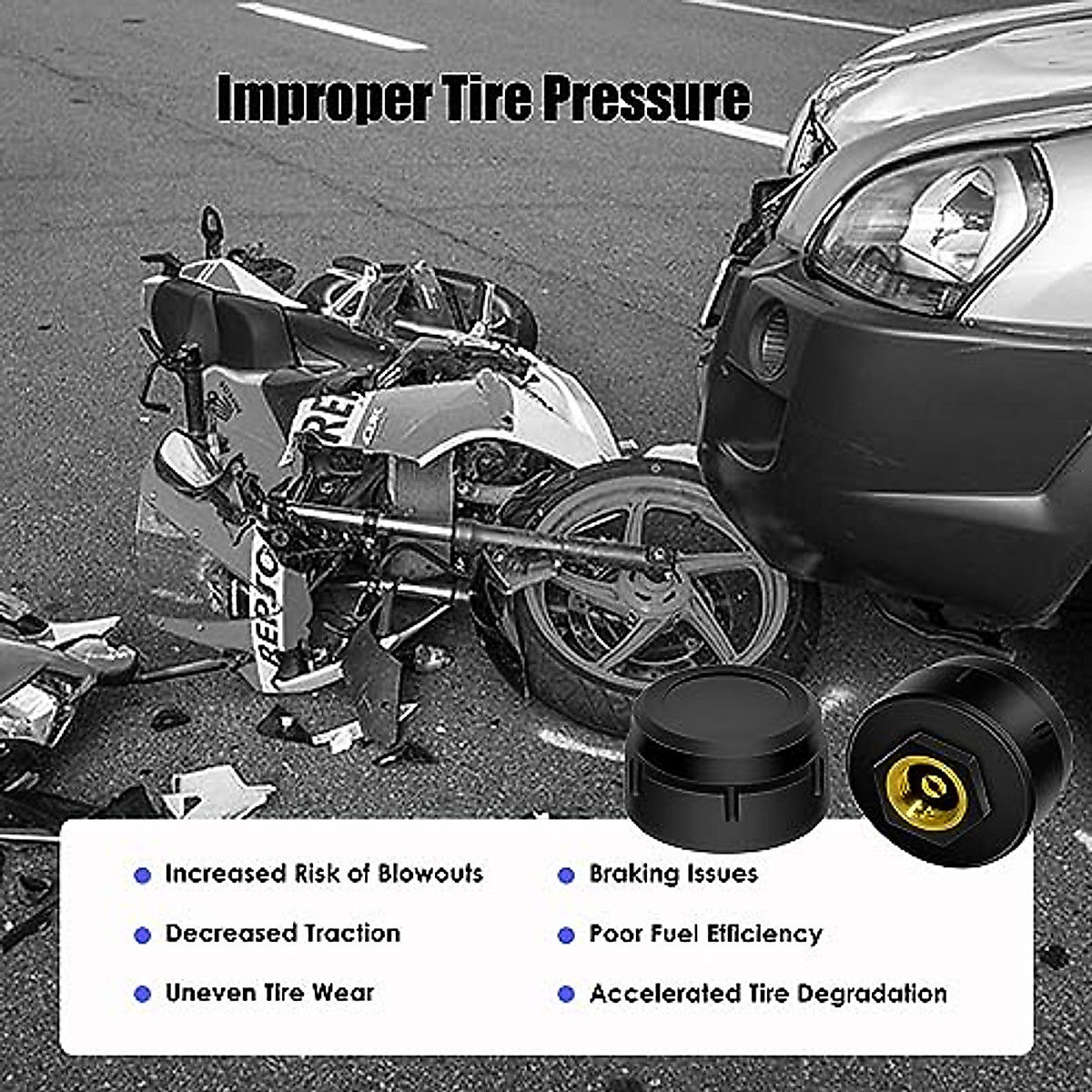 NEW CAR SOUL Bluetooth Motorcycle Tire Pressure Monitoring System with 2 External Sensors - Tire Pressure & Temperature Alarm - Wireless Motorcycle TPMS Supporting iOS and Android
