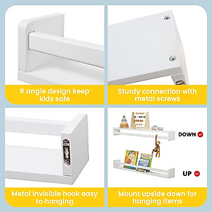 Fun Memories Nursery Book Shelf Set of 2, 32 inch Wall Bookshelf for Kids, White Baby Bookshelf, Nursery Decor, Wall Shelves for Living Room, Toy Storage Shelves