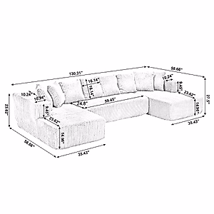 Plococo 131'' Modular Sectional Couch, U-Shaped Sofa, Chaise Lounge, Striped Corduroy Fabric,Upholstered 4 Seater Couch for Living Room, Bedroom, Free Combination Sofa (White)