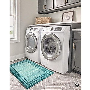 Lahome Abstract 2x3 Teal Kitchen Rug,Washable Low-Pile Entry Rug Non-Slip Door Mat Indoor Entryway Rug,Modern Bordered Soft Small Bathroom Mat Throw Rug