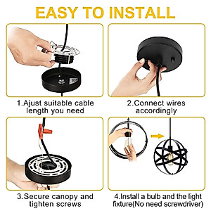 Crybeno Industrial Black Pendant Light, Vintage Spherical Pendant Light Fixtures, Metal Globe Hanging Lamp Light Fixture, Changeable Pendant Lighting for Kitchen Island Bedroom Dining Room Farmhouse