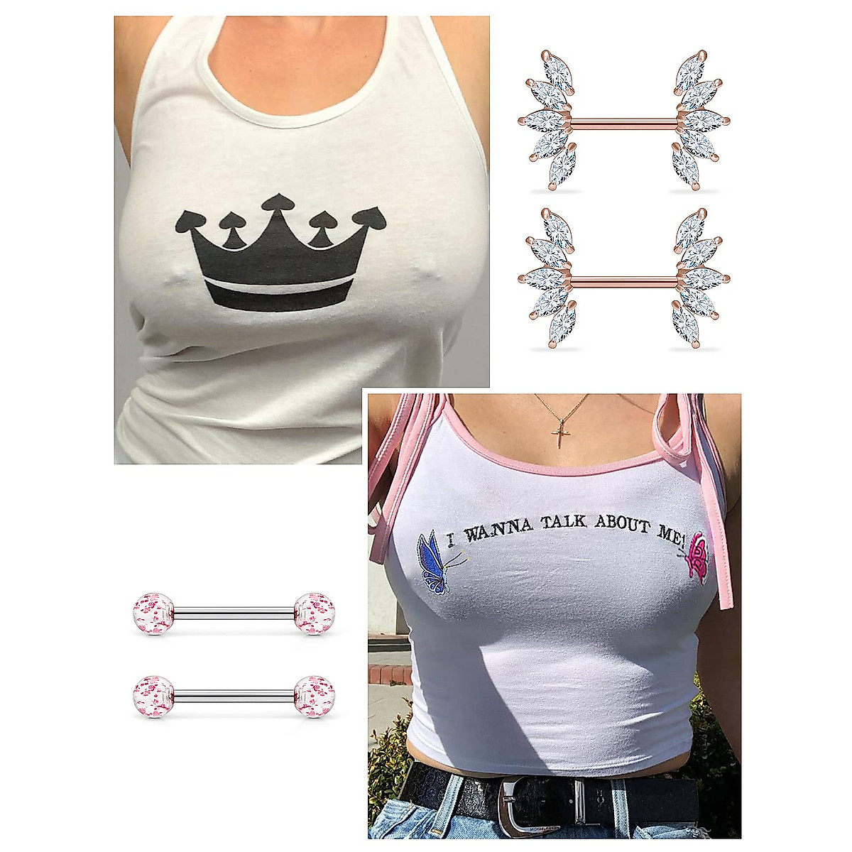 Msndnkwo Nipple Rings for Women Nipple Piercing Jewelry 14G Surgical steel Cubic zircon 14mm Silver/Pink/Purple/Rose Gold 8 Pairs Barbell Body Piercing Jewelry