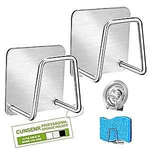 2Pcs CUNSENR Sponge Holder for Kitchen Sink - Premium Kitchen Sink Caddy - Strong Adhesive Kitchen Sink Organizer - Waterproof & Rustproof Holder for Dishes, Brush - Kitchen Sink Accessories(Silver)