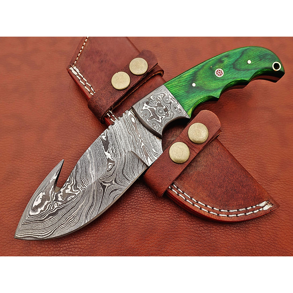 9.5" Hand Forged Damascus Steel Gut Hook Skinning Knife, Green Wood Scale with Damascus Bolster, Full Tang Blade Twist Pattern Drop Point Blade, Cow Hide Leather Sheath