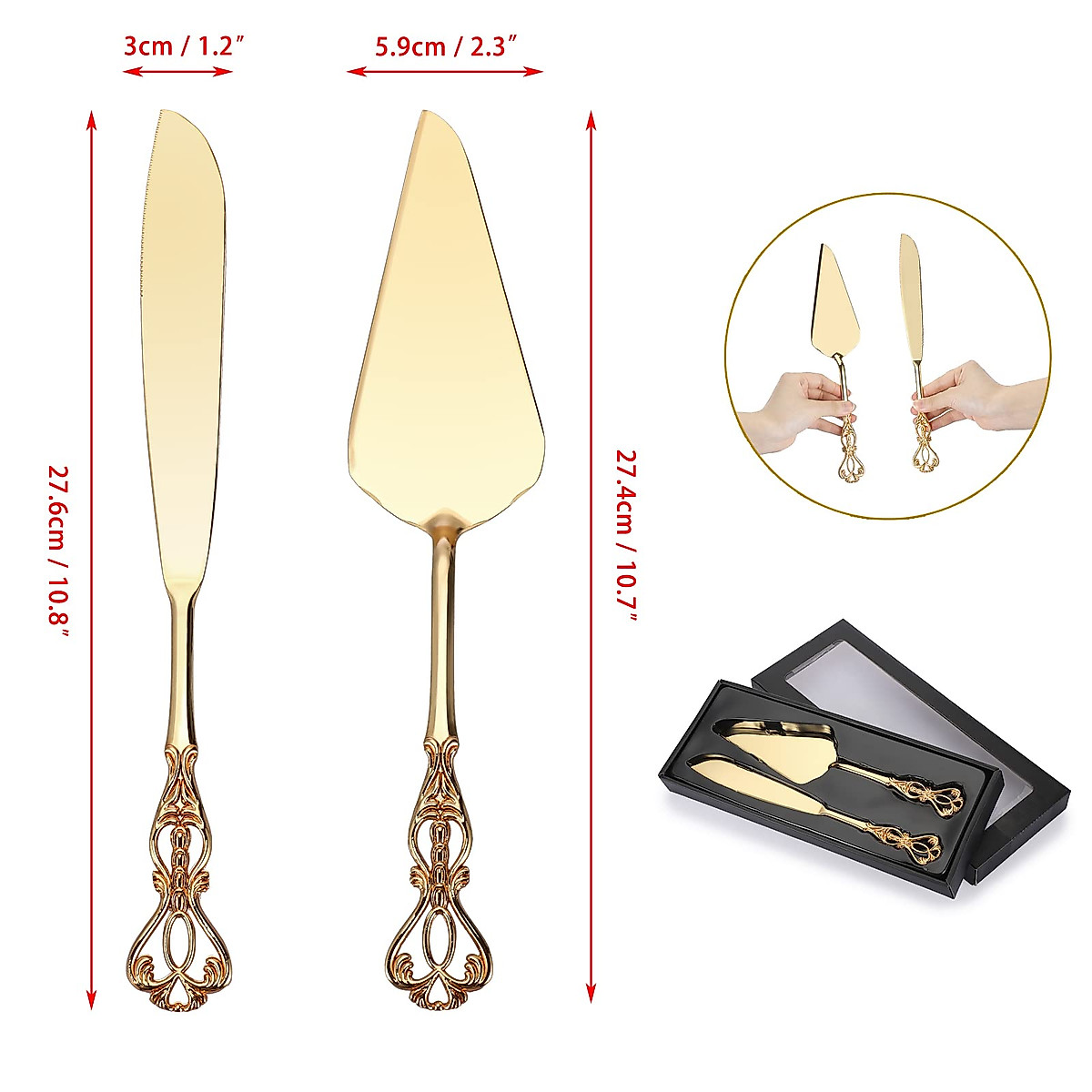 BSTKEY Gold Cake Knife and Server Set, Cake Pie Pastry Servers Crown Shape Handle Vintage Cake Serving Set for Wedding Birthday Parties Anniversary Christmas and Events