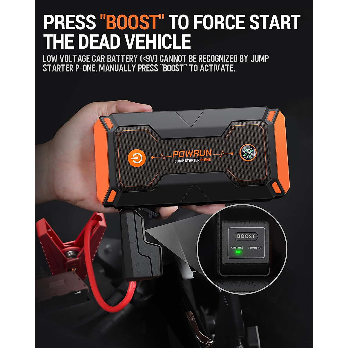 Powrun P-ONE Jump Starter, 2000A Portable Jump Box - Car Jump Starter Battery Pack for up to 8.0L Gas and 6.5L Diesel Engines, 12V Battery Jump Starter with Carry Case (Orange)