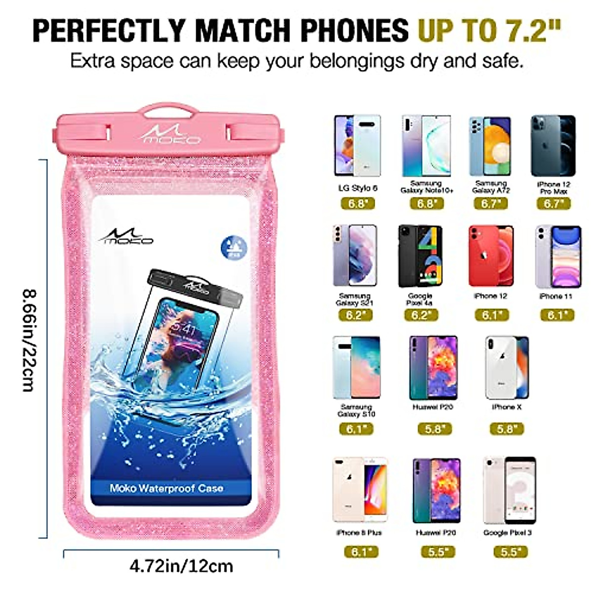 MoKo Waterproof Phone Pouch Holder Floating 2-Pack, IPX8 Glitter Waterproof Case Dry Bag Compatible for iPhone14 13 12 11 Pro Max X/Xr/Xs/8/7/6/SE 3, Galaxy S20/S21, Light Blue & Pink