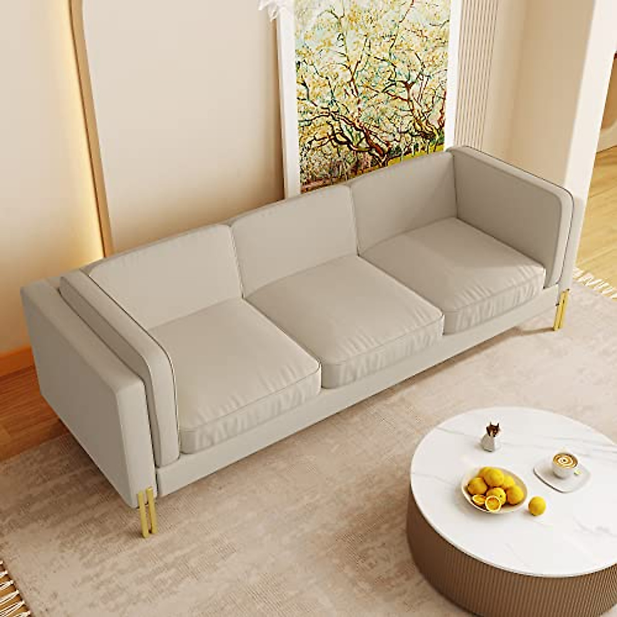 Lostcat Velvet Sofa Couch Mid Century Modern Upholstered 3-Seater Loveseat with Armrest and Stainless Steel Legs for Living Room, Apartment and Small Space, Beige