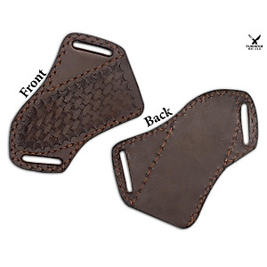 Leather Knife Sheath for Belt, Slanted Pancake Style, Tooled Leather, Cowboy Bull Cutter Cover, Cross Draw, Handmade Stitched with 100% Real Leather (Dark Brown)