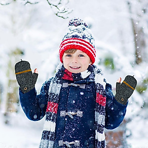Kids Winter Gloves, Warm Knitted Convertible Fingerless Gloves for Baby Boy Girl with Mittens Cover Cap