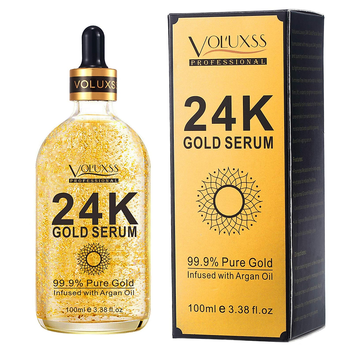 Voluxss 24K Gold Serum for Face, Skin Brightening Anti Aging Moisturizer with Vitamin C, Hyaluronic Acid & Argan Oil for Dark Spots & Fine Lines, Korean Skin Care Glow Collagen Booster Serum 3.38fl.oz
