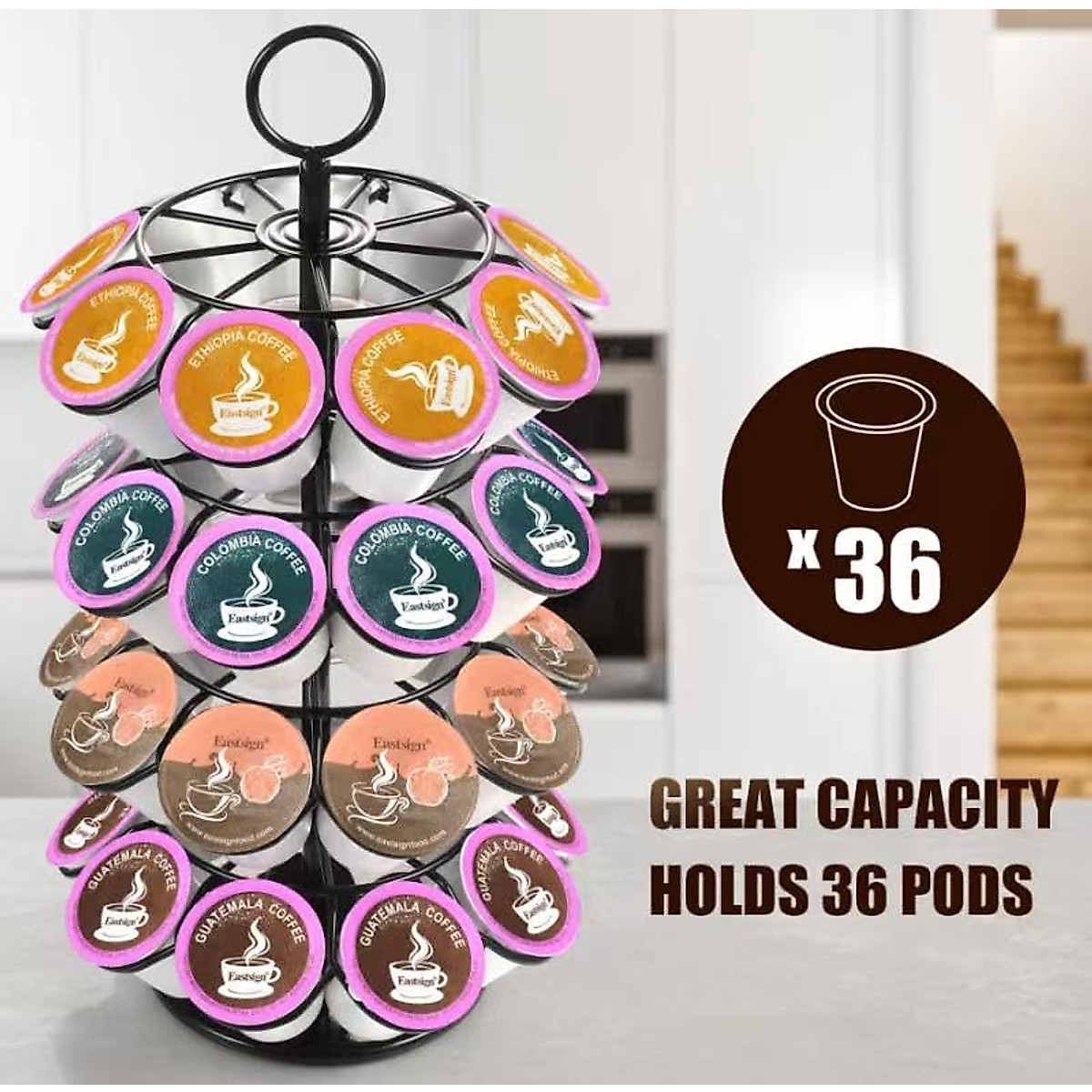 Eastsign Coffee Pod Holder, Coffee Pod Organizer Compatible with 36 K-Cup Pods, Coffee Pod Holder for Counter, Detachable Organizer for Countertop, Spins 360-Degrees