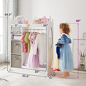 GTOLV Kids Dress up Storage with Mirror, 2 Storage Bins & Cloth Hanger, Kids Play Armoire Dresser Pretend Storage Closet for Bedroom, Kids Room, Playroom (White)