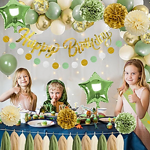 JINENUS Sage Green Birthday Party Decorations for Women Girls,Olive Green and Gold Birthday Decorations with Circle Dots Garland,Tissue Pompoms,Paper Tassels Garland Birthday Decor