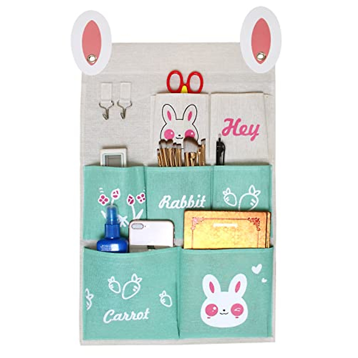 KINGREE 2PCS Wall Closet Hanging Storage Bag with Hooks Premium Linen Fabric Over The Door Organizer, Hanging Storage Pouches with 3 Pockets and 7 Pockets for Bedroom Bathroom (Rabbit)