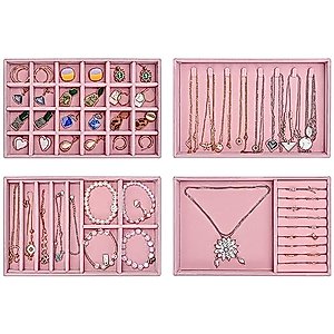 ProCase Set of 4 Stackable Jewelry Organizer Trays for Drawers, Jewelry Drawer Inserts Container Display Case Storage for Earring Necklace Rings Bracelet with Removable Dividers -Dustypink