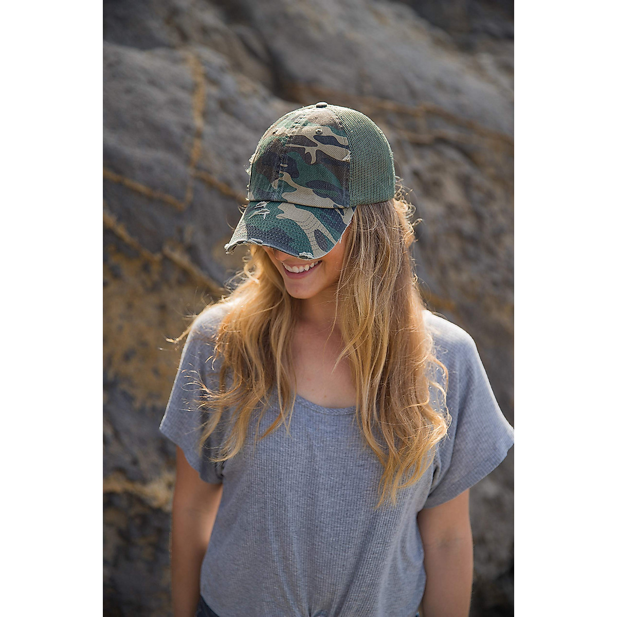 Funky Junque Unconstructed Low Profile Distressed Trucker Hat - Camo