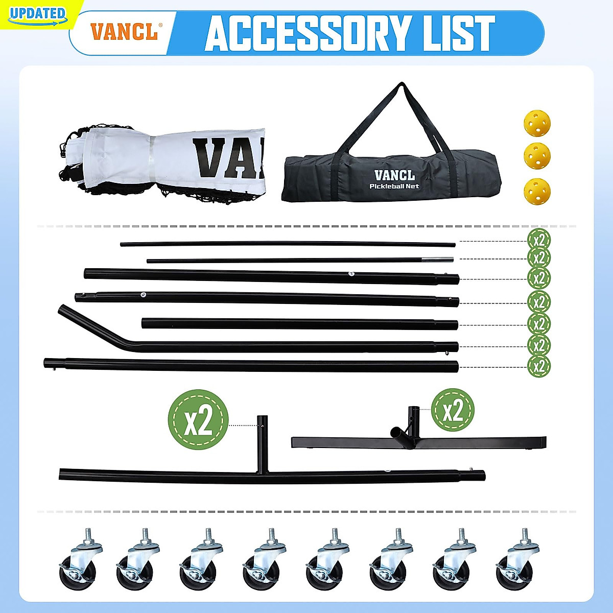 VANCL Badminton Pickleball Net with Wheels Movable, Deluxe Heavy Duty Pickleball Net System 22 Feet Pickleball Net for Driveway, Adjustable Strong Nylon Net Pickleball Net Portable Outdoor