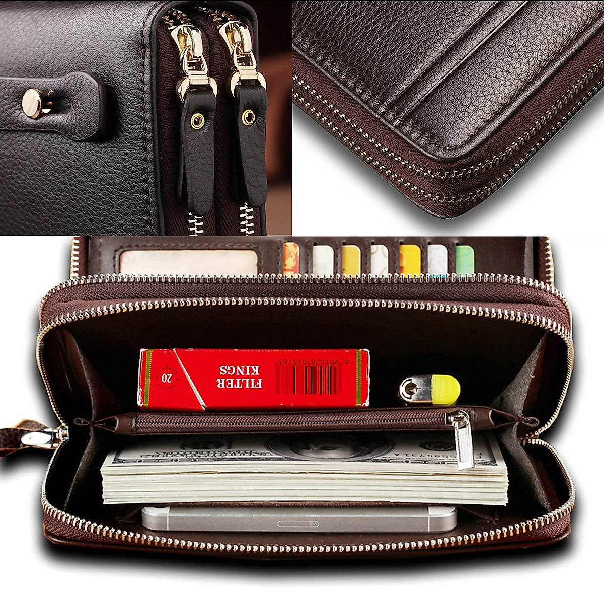 SUMGOGO Large Clutch Handbag Leather Zipper Around Wallets Wristlet Card Business Phone Wallet Case for Women Men (A-Brown)