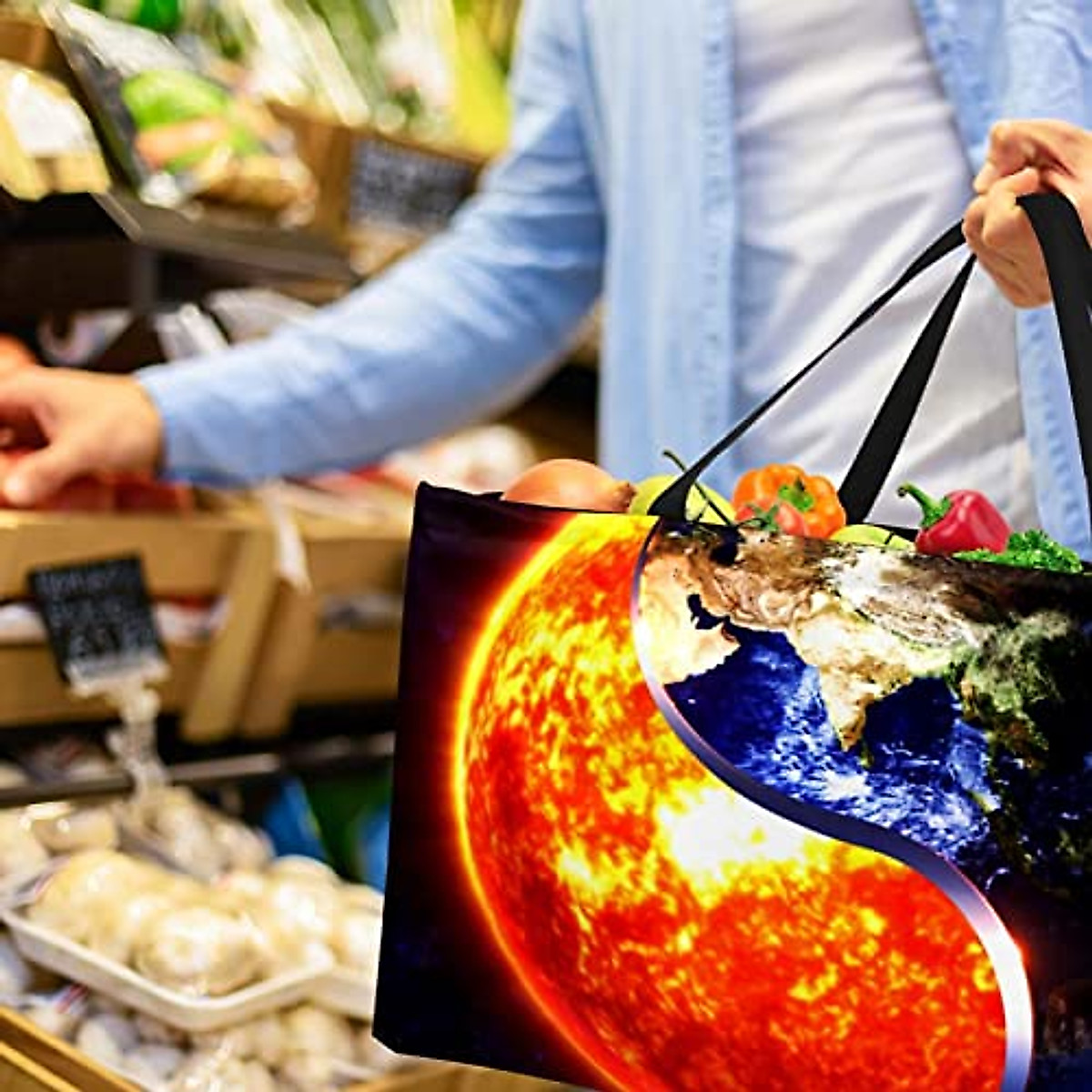 KQNZT Reusable Grocery Bags, Heavy Duty Reusable Shopping Bags, Large Tote Bags with Long Handles and Reinforced Bottom, Yin Yang Gossip Earth